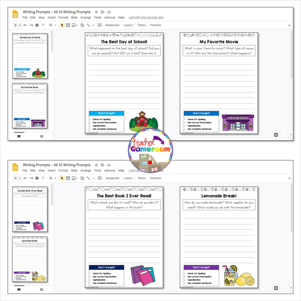 10 Digital Writing Prompts Google Activity - Teacher Gameroom