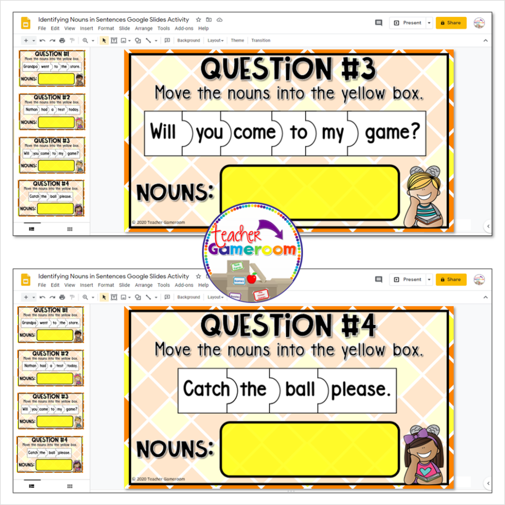 Identifying Nouns in Sentences Google Activity - Teacher Gameroom