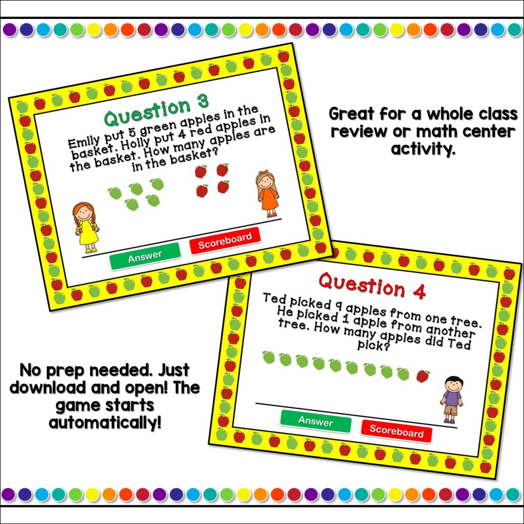 Kindergarten Addition Word Problems Teacher vs Student Powerpoint Game ...